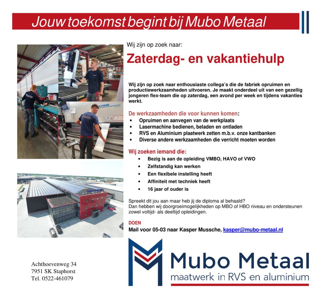 Mubo Metaal Staphorst zoekt: Zaterdag- en vakantiehulp - Weblog ...